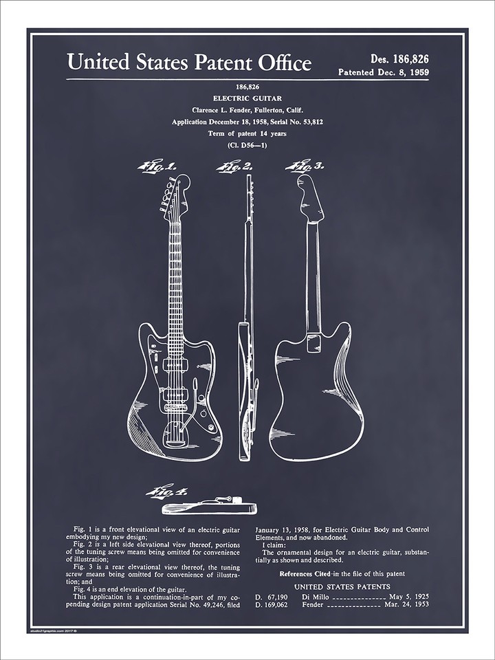 1958 Fender Electric Guitar Patent Print Art Drawing Poster | eBay