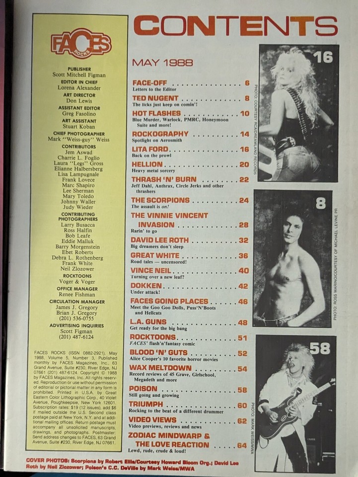 Faces Rocks Magazine May 1988 David Lee Roth, Poison, Vinnie Vincent ...