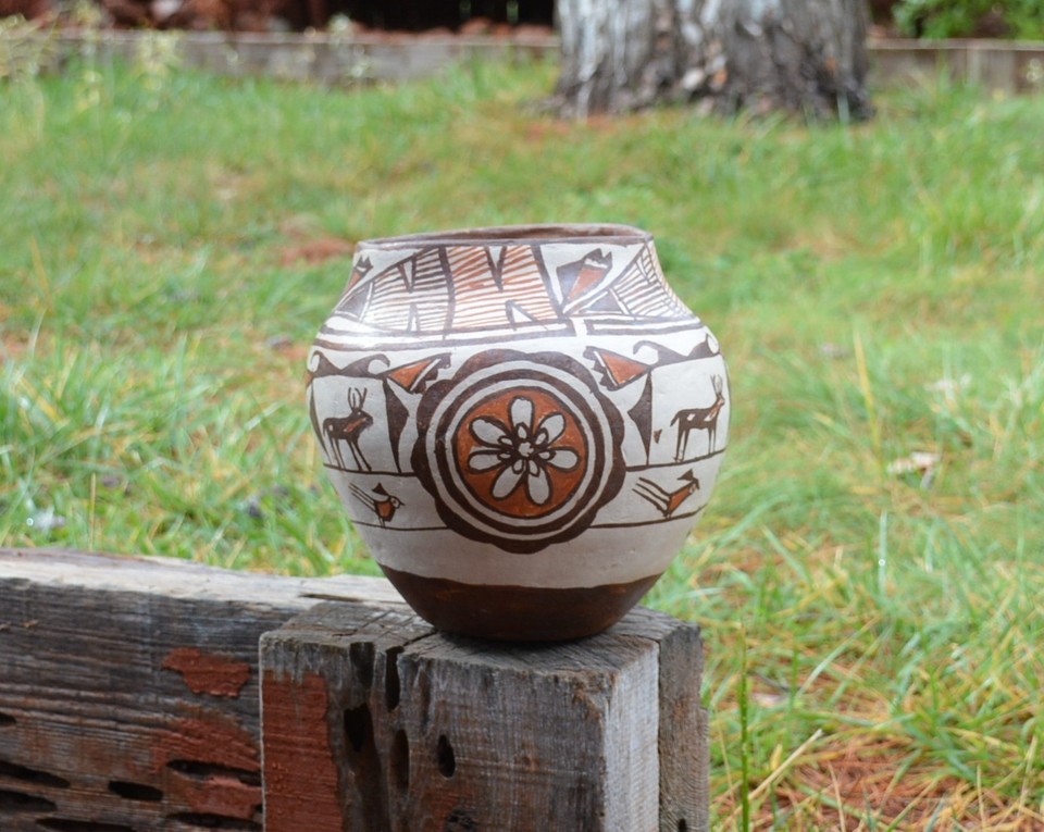 Old Zuni Traditional Olla Pot - Heartline Deer with Birds and ...