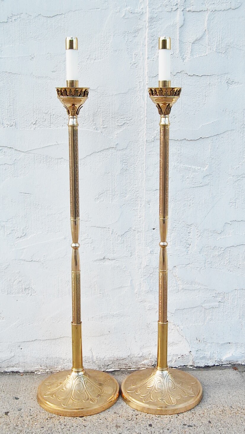 PAIR OF BRASS PROCESSIONAL CANDLESTICKS TORCH / ACOLYTE & BASE STANDS #108spal | eBay
