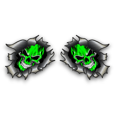 2x Small Green Flames Skull Ripped Carbon Fibre Vinyl Sticker Decal ...