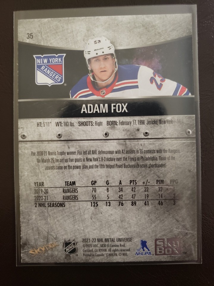 2021-22 Adam Fox Blue Spectrum Skybox Metal Universe Hockey New York ...