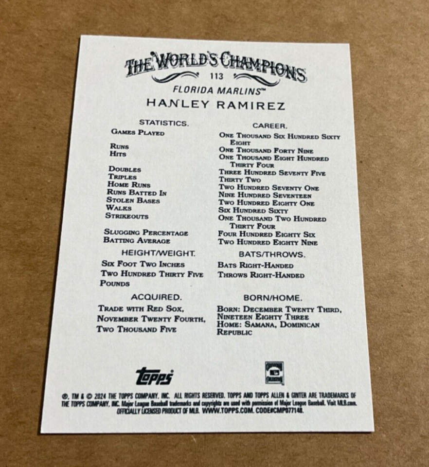 2024 Topps Allen & Ginter # 113 Hanley Ramirez Florida Marlins | eBay