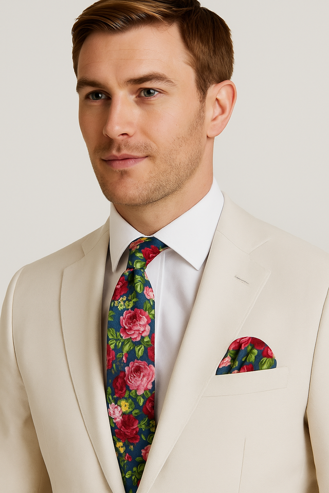 Blue Cotton Floral Tie & Pocket Square Hanky SET Red Pink Prom Wedding ...