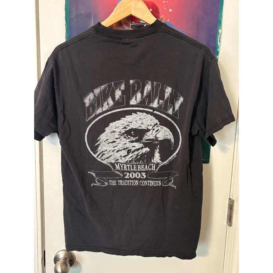 Myrtle Beach Bike Rally 2003 T Shirt Mens Black Eagle Flame Graphic Hanes faded | eBay