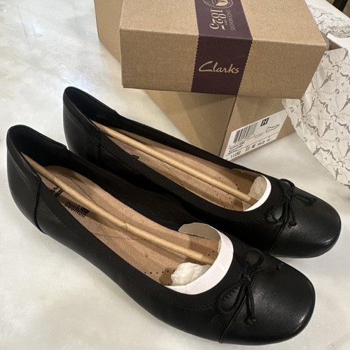 Clarks Black Leather Ballet Flats Bow Accent Cushioned Round Toe Women ...