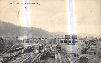 ONEONTA New York postcard US USA D & H railroad train engine round ...