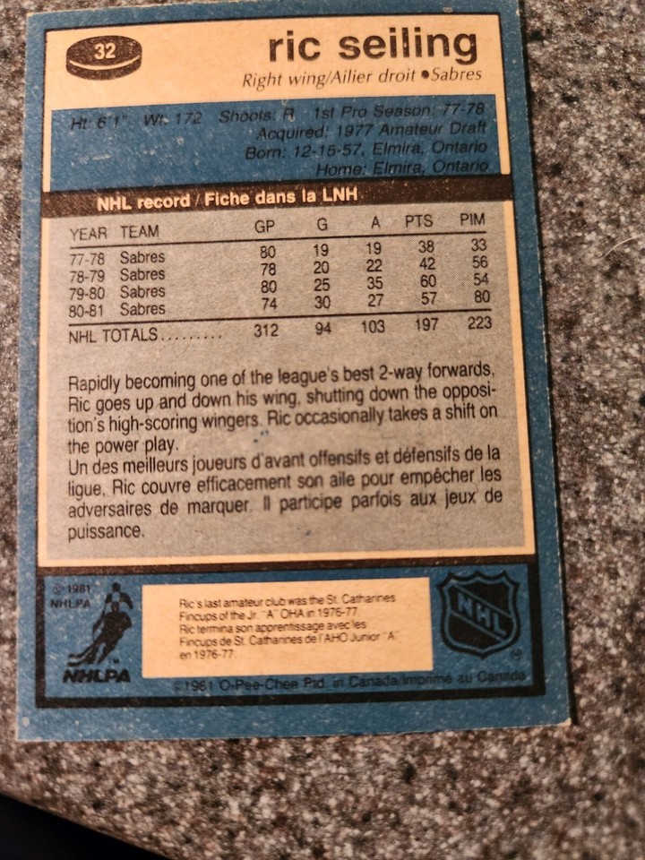 Ric Seiling Buffalo Sabres 1981-82 Autographed O-Pee-Chee #32 - EX/MT w ...