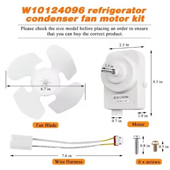 Condenser Fan Motor Kit for Whirlpool Refrigerators W10124096 ...