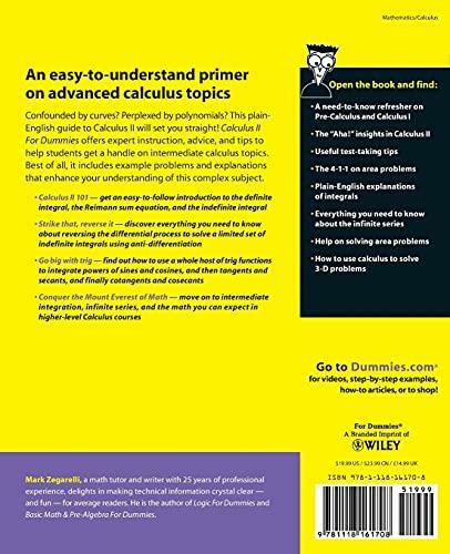 Calculus II for Dummies by Mark Zegarelli (2012, Trade Paperback) for ...