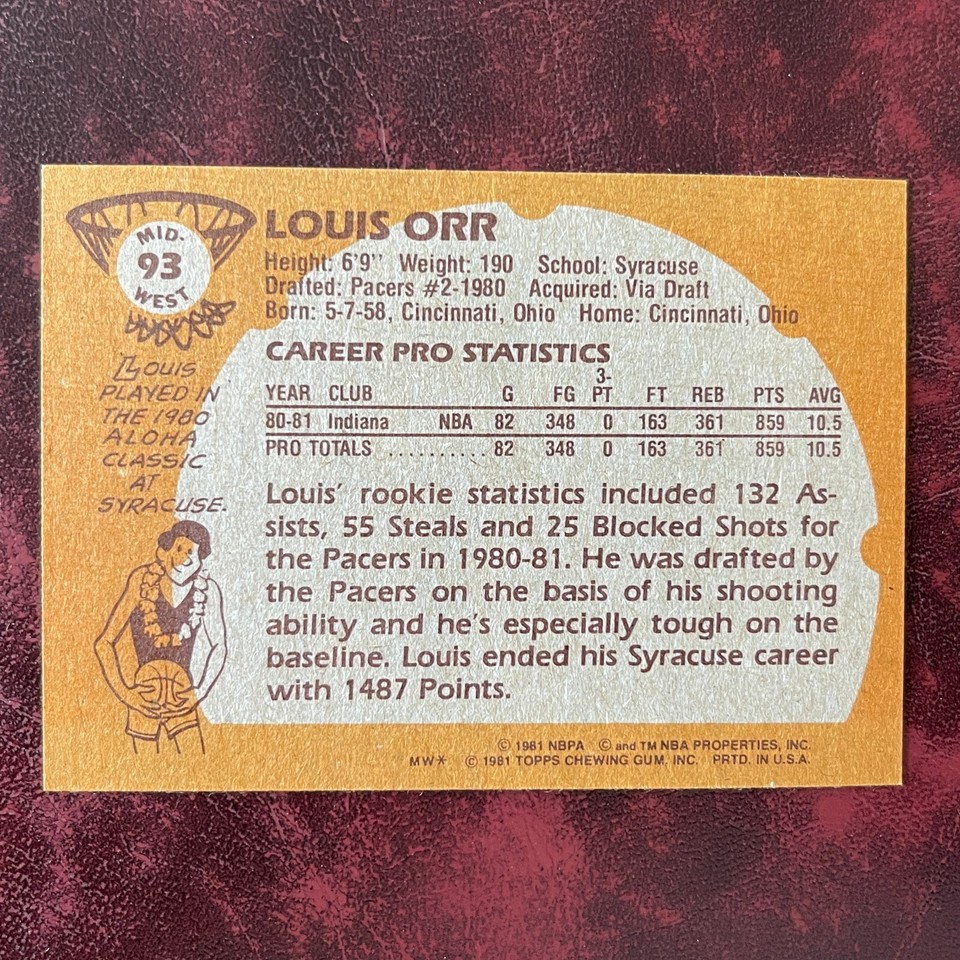 1981-82 Topps Set LOUIS ORR ROOKIE #M93 PACERS - NM/MINT+ *HIGH GRADE ...