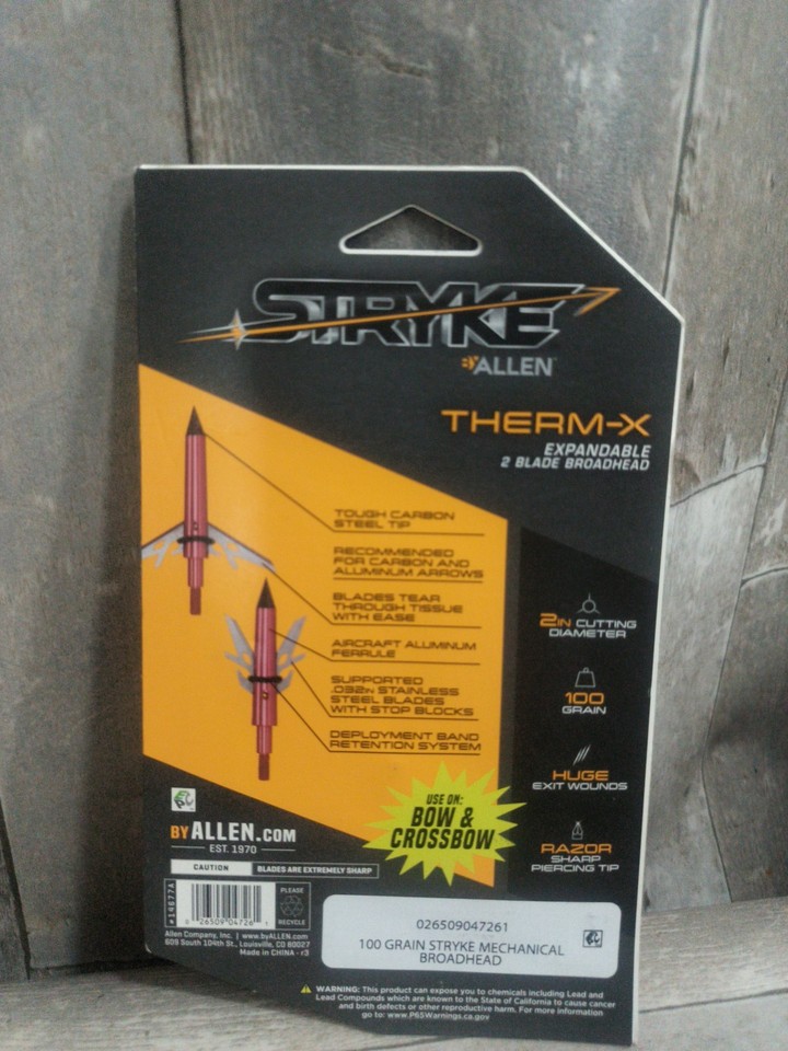 Allen Stryke Therm-X 100 Grain Expandable 2 Blade 2" Cut Broadhead 3 pc ...