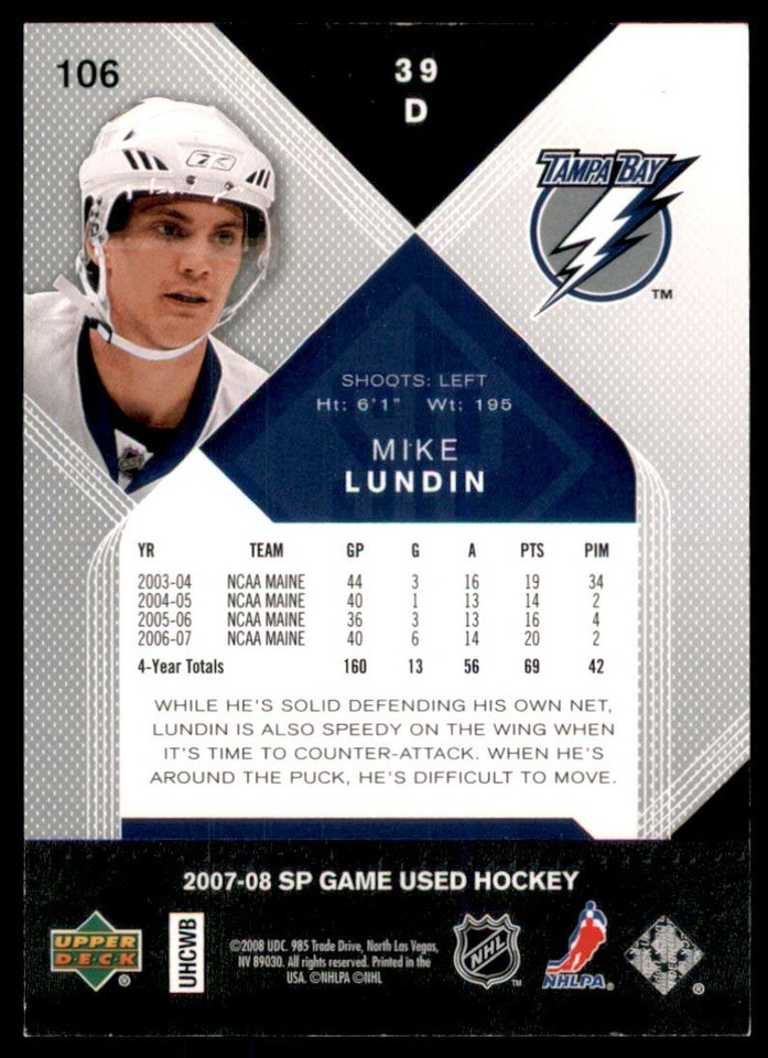 2007-08 SP Game Used #106 Mike Lundin RC /999 | eBay