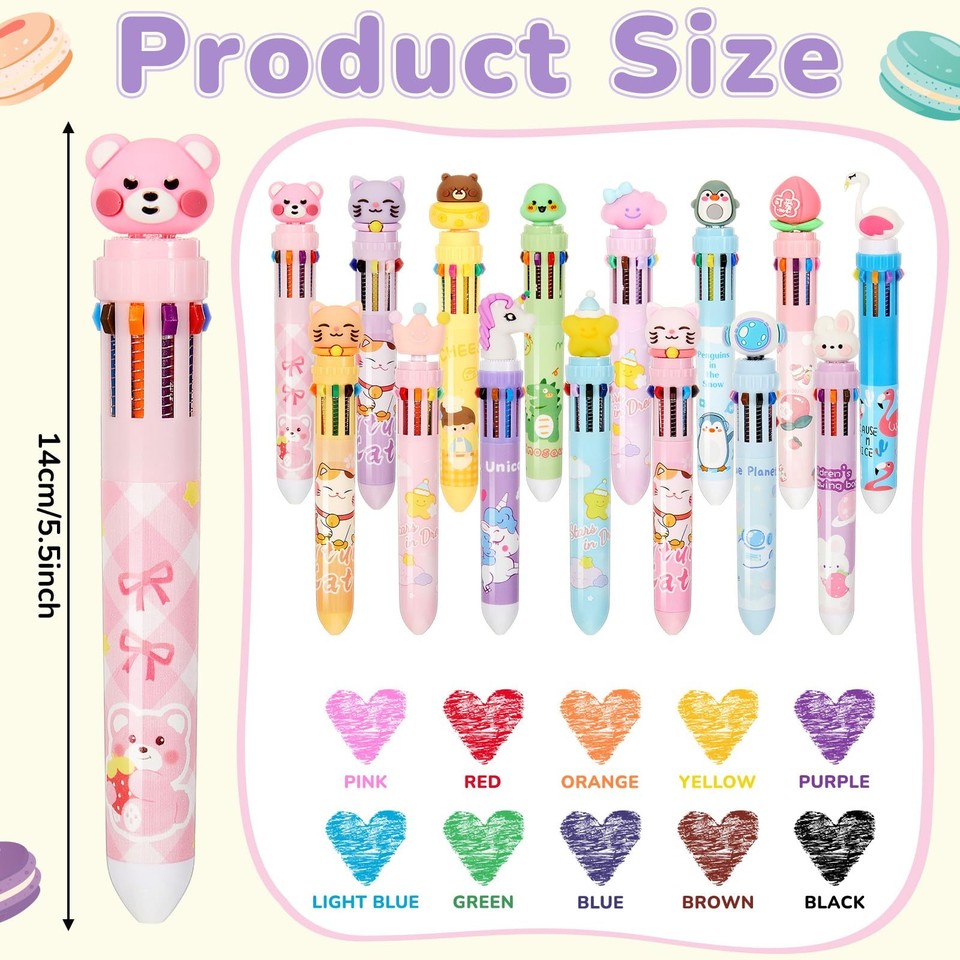 12 Pcs Multicolor Ballpoint Pens 10 in 1 Retractable Colored Cute ...
