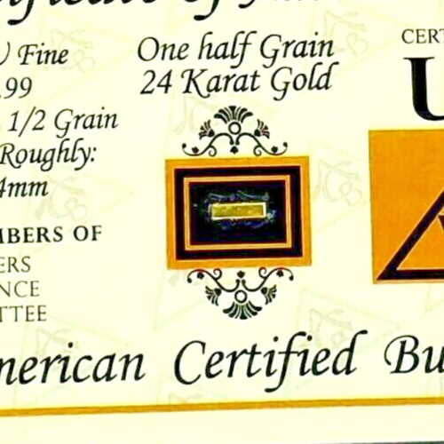 x2 ACB GOLD 1/2GRAIN 24K SOLID BULLION MINTED BAR 9999 FINE CERT OF ...