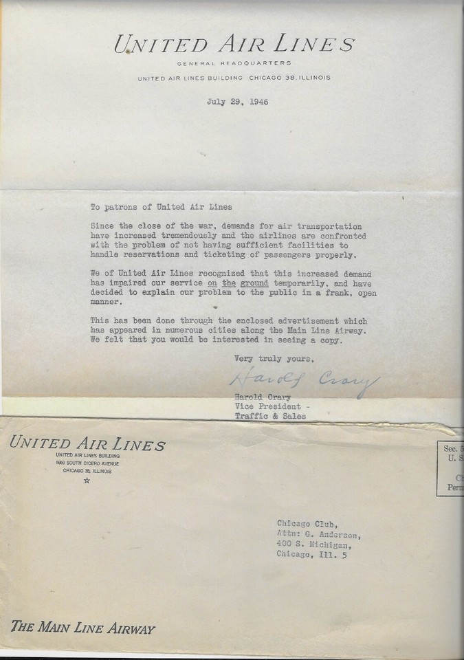 United Airlines Brochure WWII 1946 & letter to Passengers on re ...