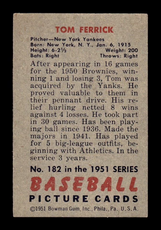 1951 Bowman Baseball #182 Tom Ferrick CREASED Very Good New York ...