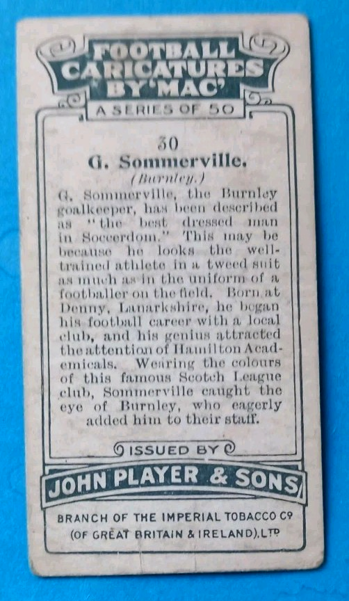 GEORGE SUMMERVILLE BURNLEY FOOTBALL CARICATURES 1927 JOHN PLAYER CARD ...