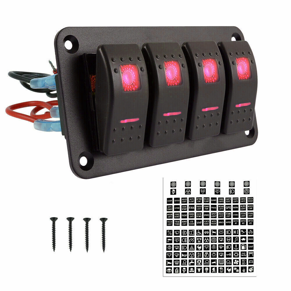 4 Gang Rocker Switch Panel Red LED Waterproof Breakers Car Marine Boat ...