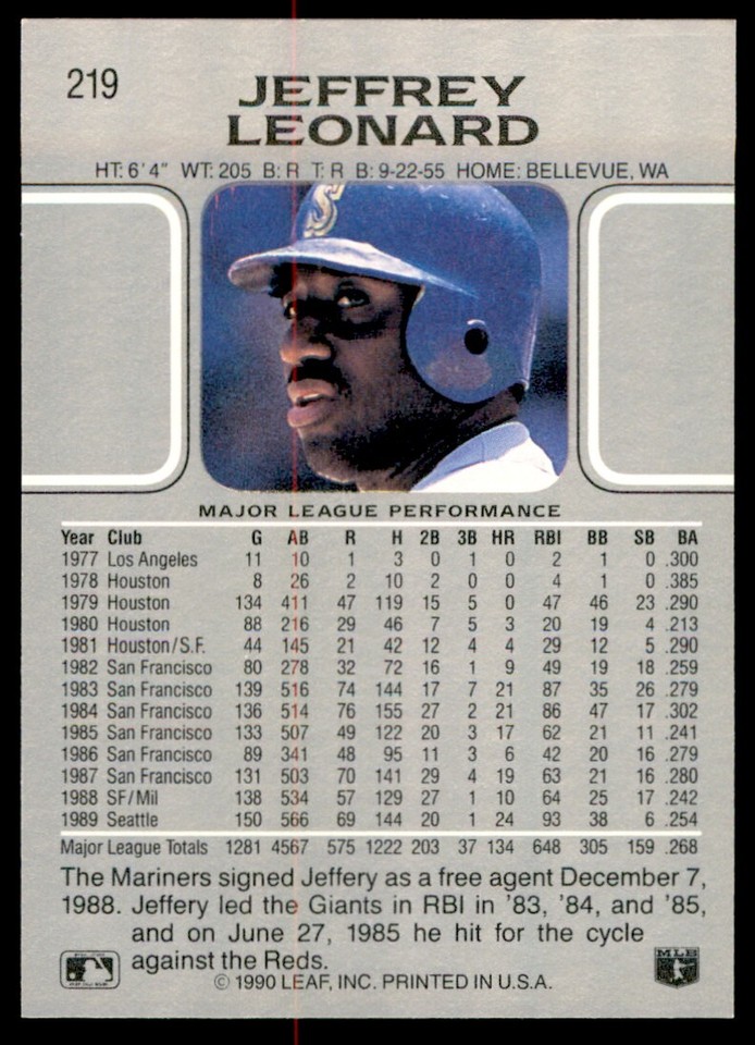1990 Leaf Jeffrey Leonard Seattle Mariners #219 | eBay