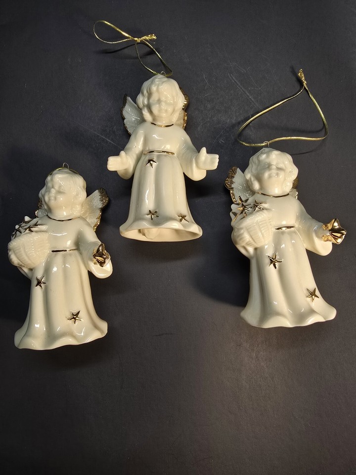 Vintage Set of 3 Porcelain Christmas Angel Bell Ornaments Ivory With ...