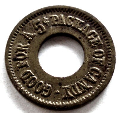 US ALL QUALITY CONFECTIONS, GOOD FOR 5¢ PACKAGE OF CANDY Token 21mm 3 ...