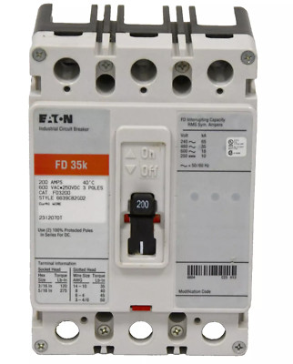1PC New Eaton FD3200 Molded Case Circuit Breaker - 200A, 3-Phases, 600V ...