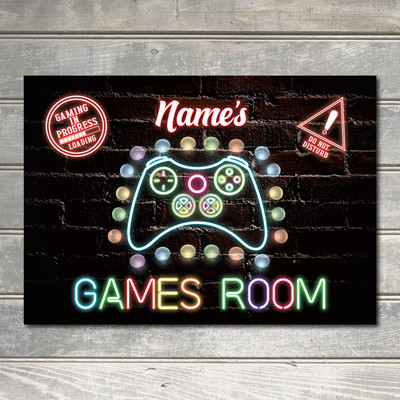 Personalised Games Room Sign Neon Effect Birthday Gift Wall Decor Metal ...