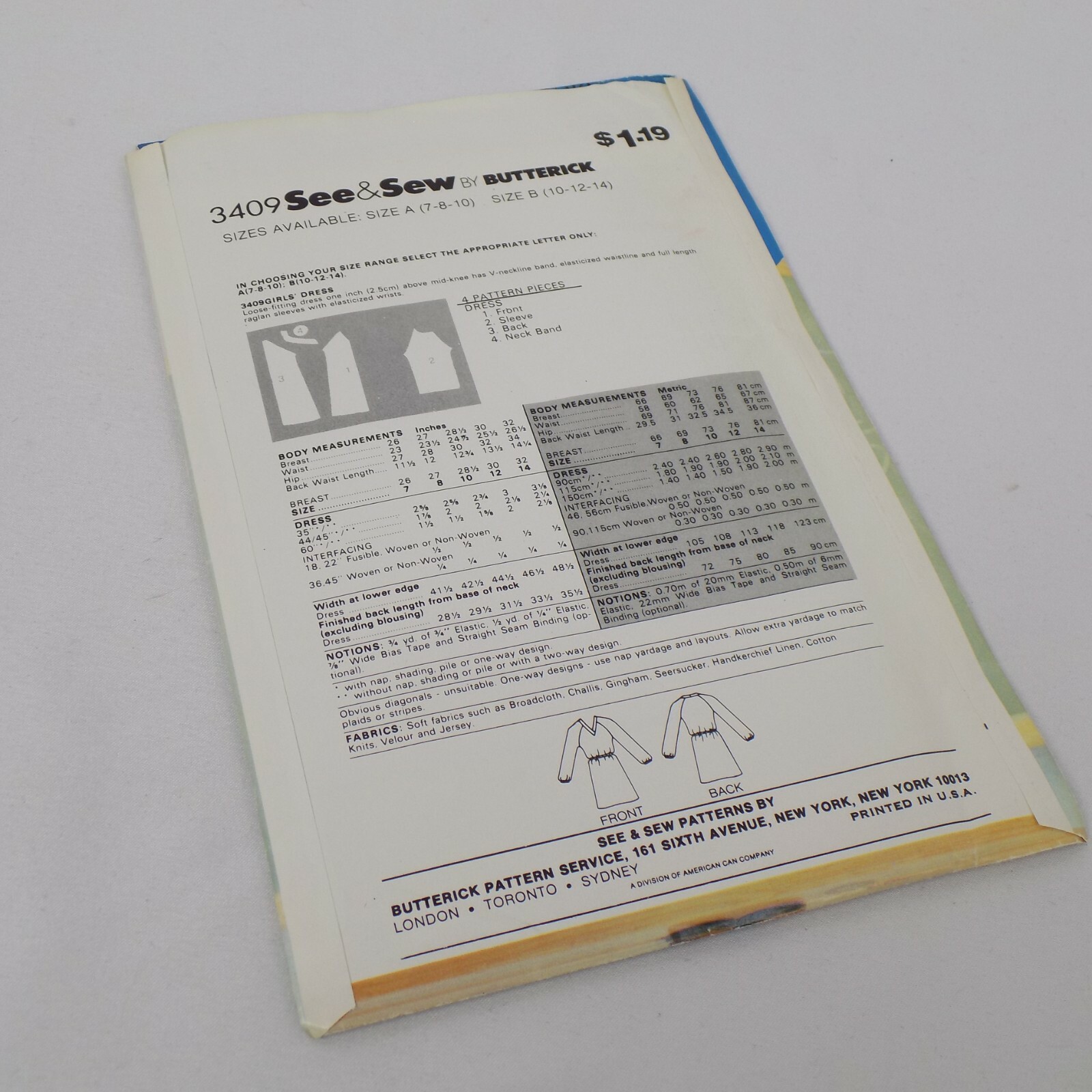 See & Sew Butterick Pattern 3409 Dress Girls Sizes 7 8 & 10 Uncut ...