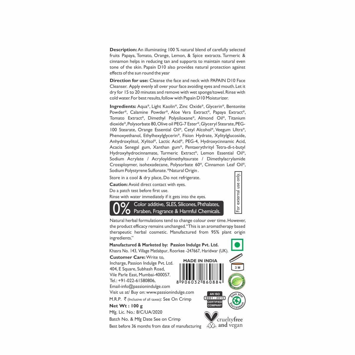 Passion Indulge Papain D10 Natural Face Mudd Pack for Tan Removal Skin ...