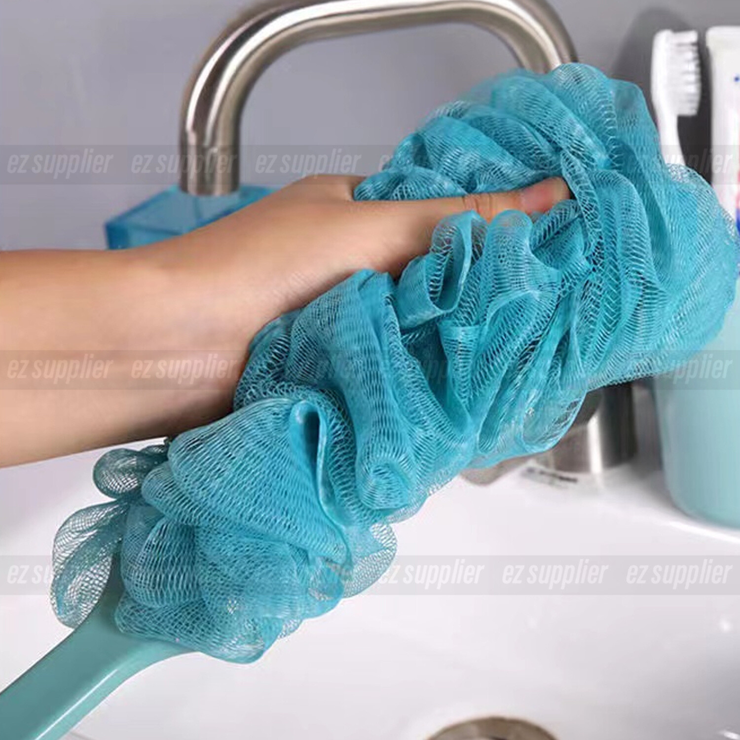 Long Handle Bath Brush Soft Mesh Sponge Back Scrubber Body Puff Shower ...