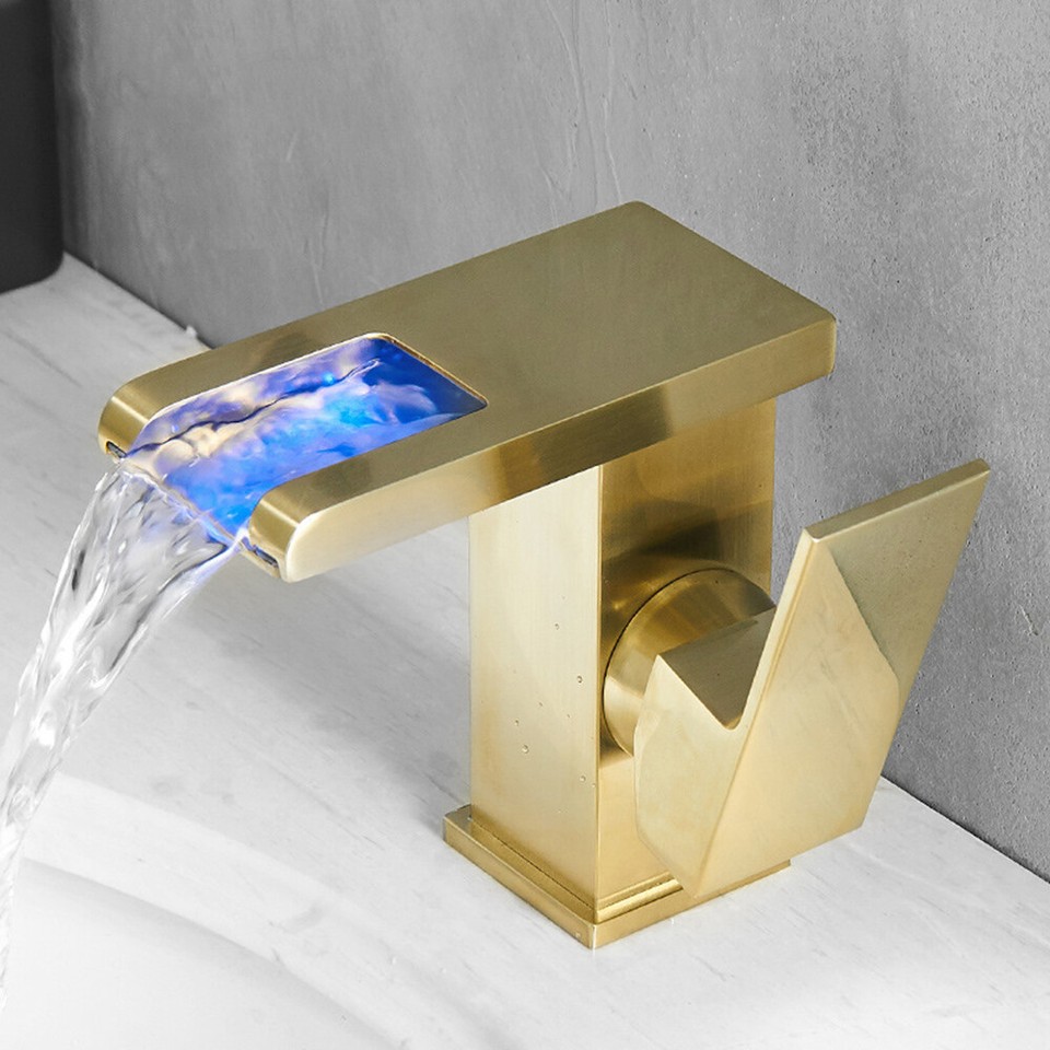 Brushed Gold LED Bathroom Basin Waterfall Spout Taps Mixer Deck Mounted ...