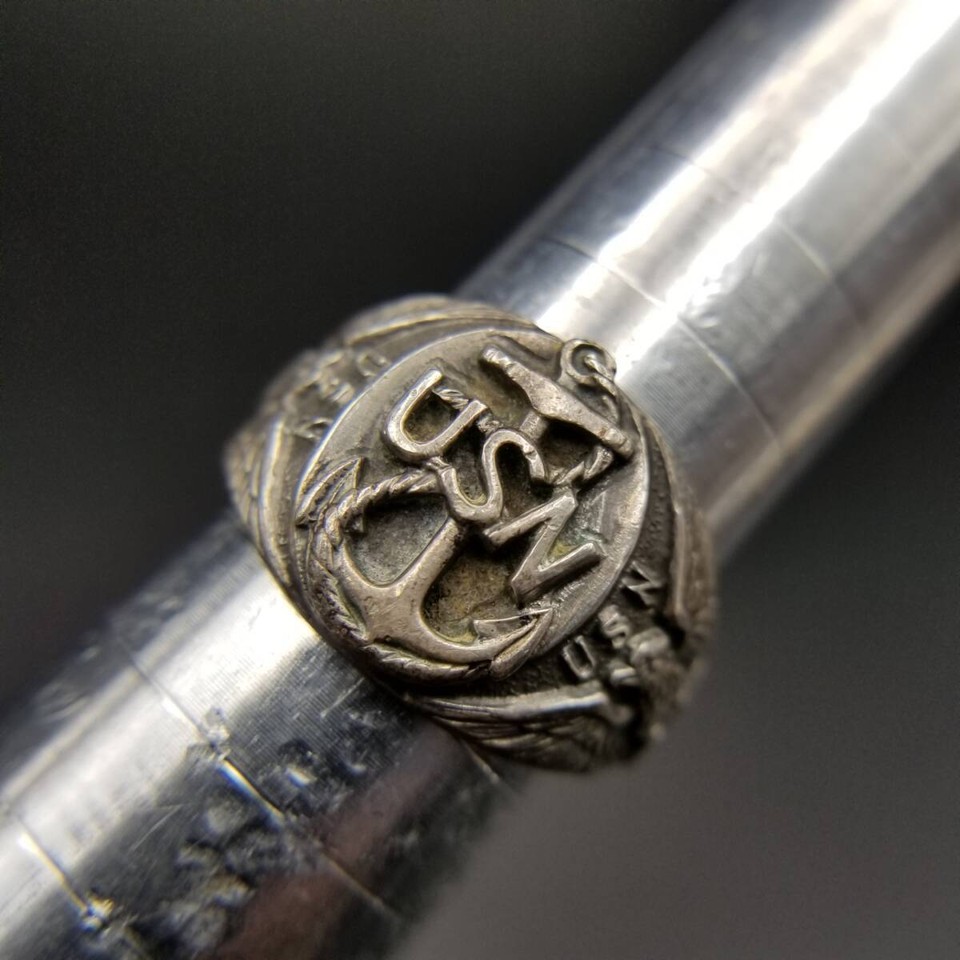 US Navy Anchor Emblem Oval Signet 925 Silver Vintage Military Ring ...