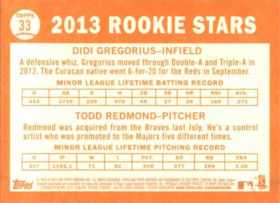 2013 Topps Heritage DIDI Gregorius / Todd Redmond RC Arizona ...