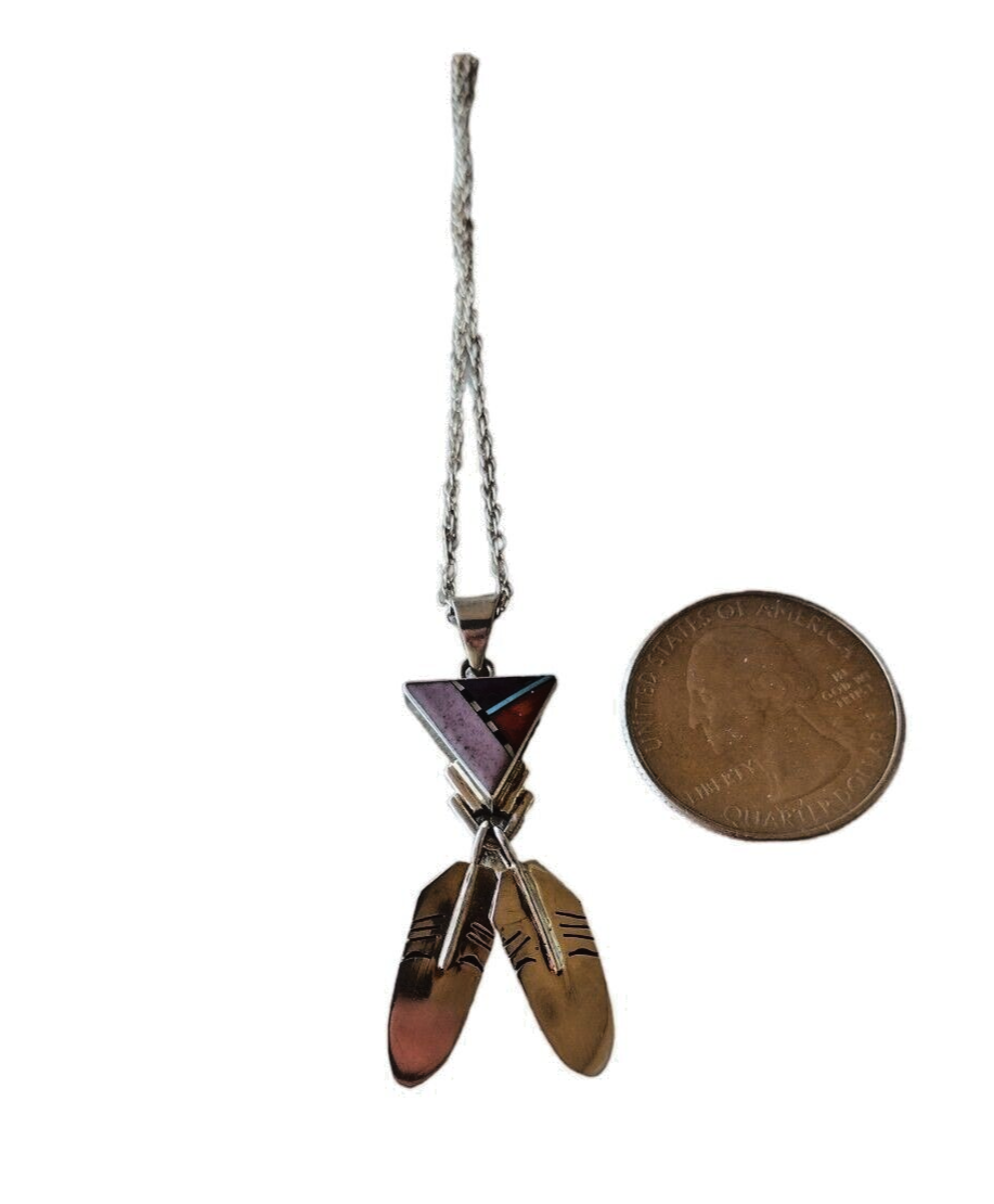 Gasper Duran Zuni Multi Gem Inlay Feather Pendant with Chain Native ...