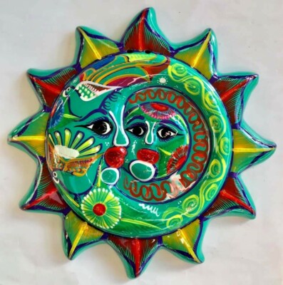 Mexican Sun Moon Face Eclipse Folk Art Talavera Pottery Hand Painted 11 ...