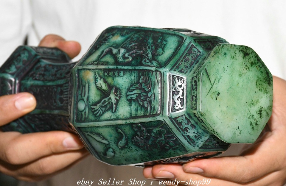 8.6" Chinese Natural Old Green Jade Carved Crane Bird Eagle Hawk Bottle ...