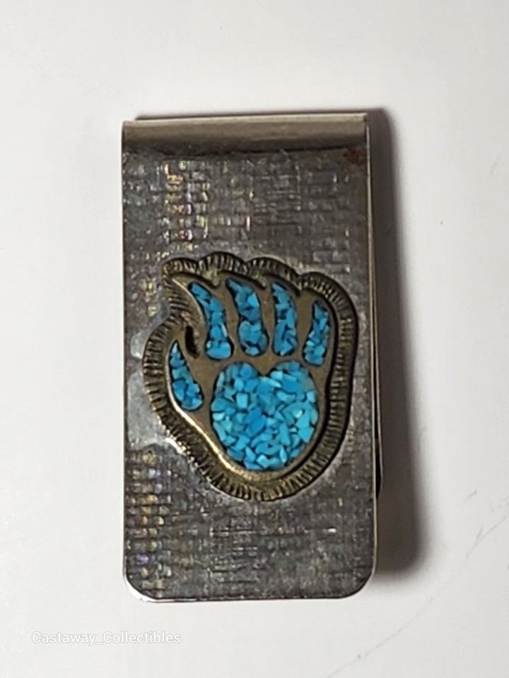 Turquoise Money Clip Bear Claw Silver Tone Vintage Native American ...
