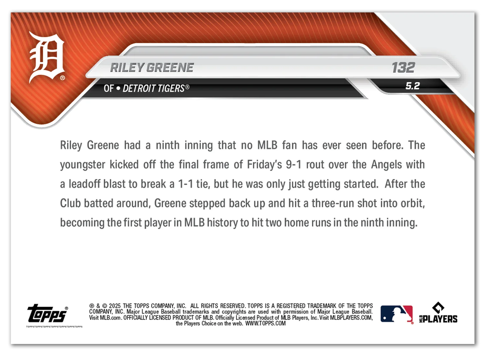 Riley Greene - 2025 MLB Topps NOW #132 First to Hit 2 HR In 9th Tigers ...
