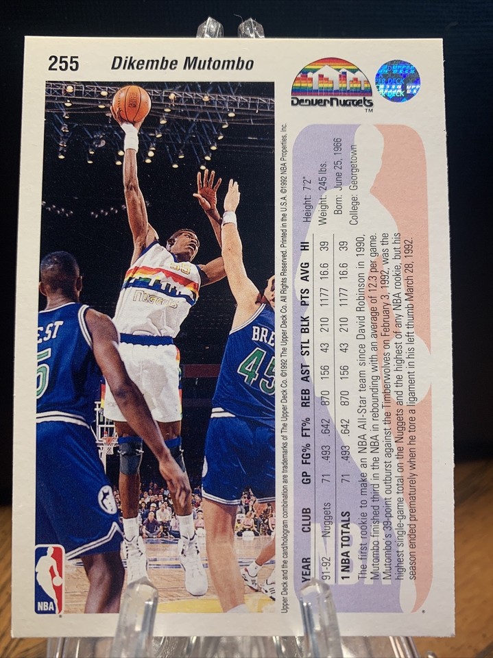 1992-93 Upper Deck Denver Nuggets Basketball Card #255 Dikembe Mutombo ...