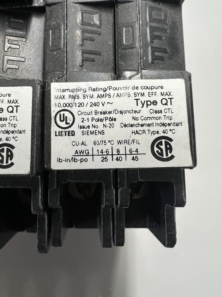 SIEMENS 15/15Amp Tandem Single Pole Type QT Circuit Breaker Q1515 Lot ...
