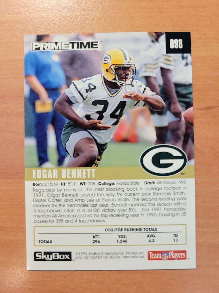 1992 Skybox Primetime #98 Edgar Bennett - Rookie - Packers- NFL ...