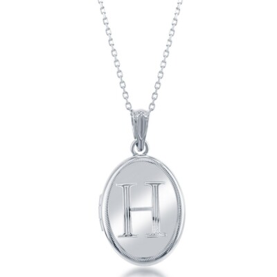 Sterling Silver Shiny Oval with Center "H" Initial Locket W/Chain | eBay