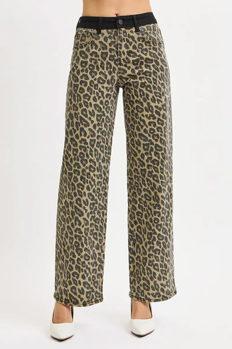 RISEN High Rise Wide Leg Leopard Printed Jeans with Contrast Waist Band ...