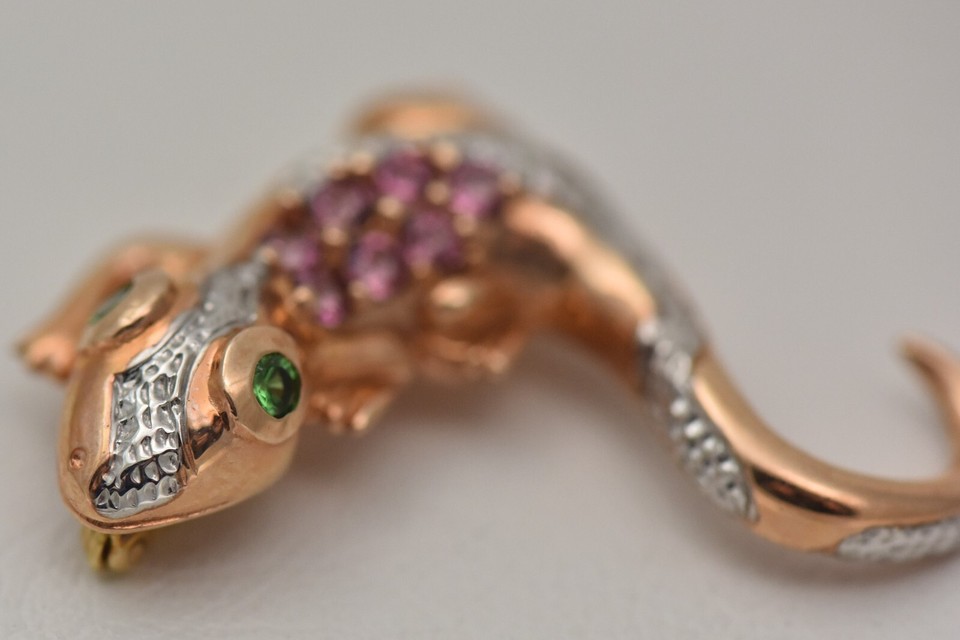14k Rose Gold Salamander or Lizard Pin Brooch pave sapphire, Mint | eBay