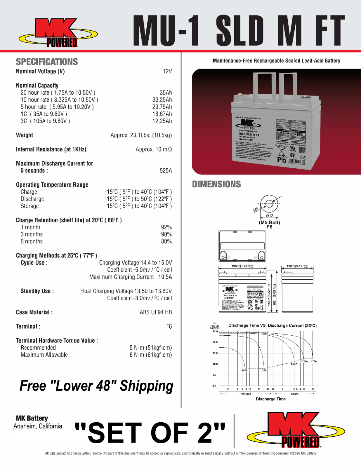 MK AGM Battery-Set of 2 -12V 35AH -ES35-12FT - MU-1 SLD M (FT or NB ...