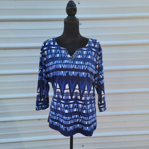 High Fifth Woman's knit top size 2X 3/4 sleeve blue black pattern beads ...