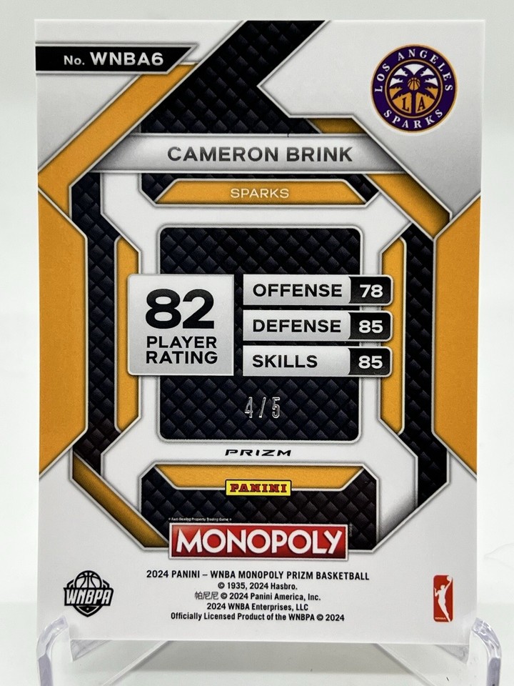 2024 WNBA Monopoly Prizm Cameron Brink RC Rookie #WNBA6 Black Gold /5 ...