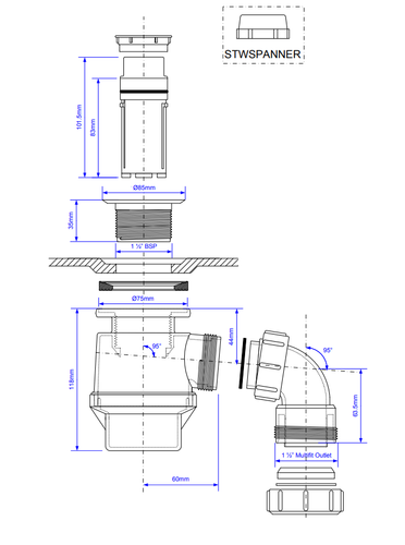 McALPINE STW8-R Shower Tray Base Waste / Trap with 85mm Top for 50mm ...