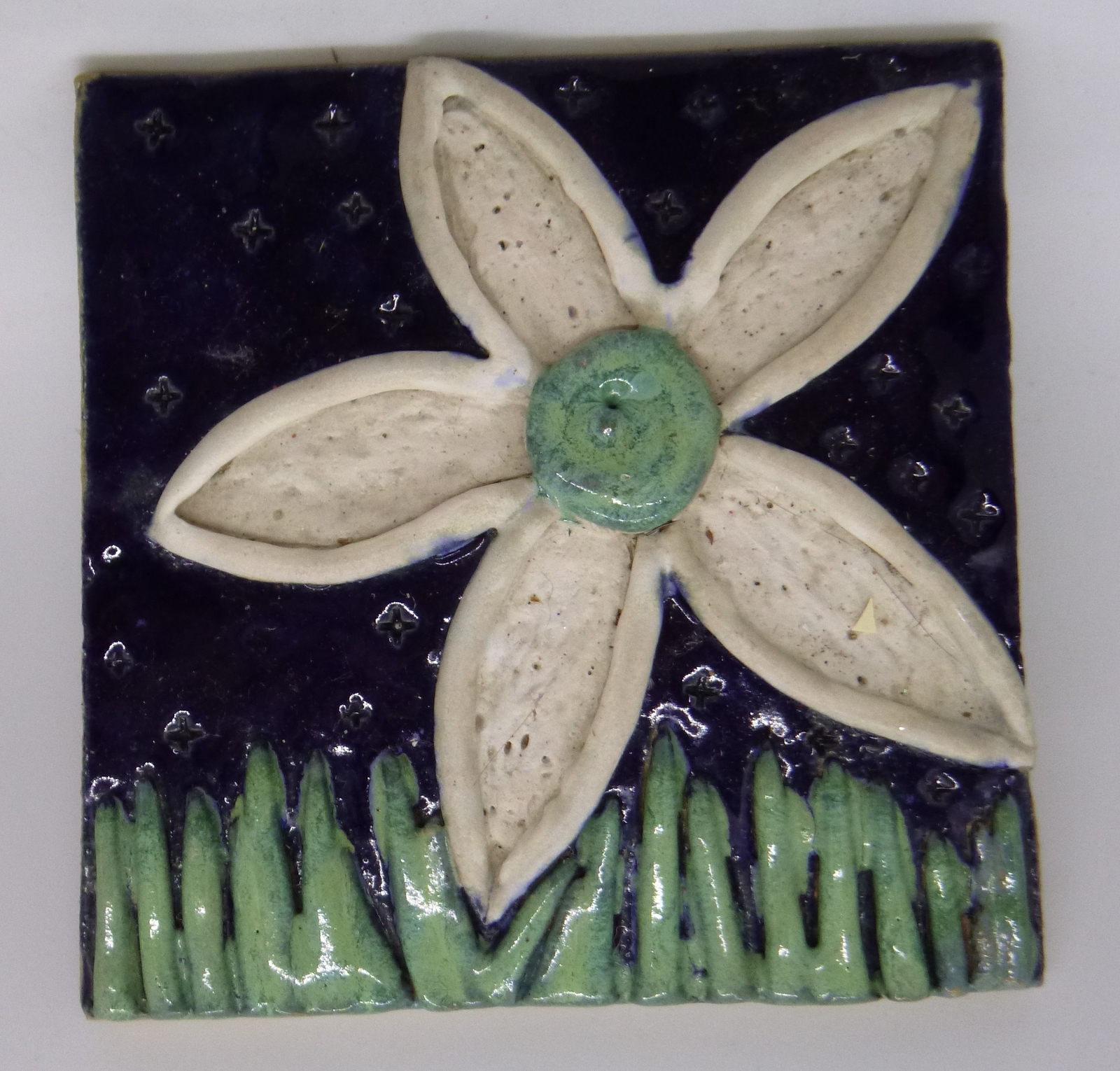 Vintage Handmade Tile Trivet 3D textured Flower signed JF 4 1/4" x 4 1/ ...